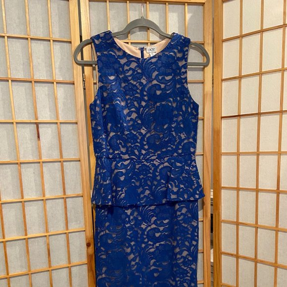 Cache | Dresses | Cache Blue Lace Overlay Peplum Dress | Poshmark